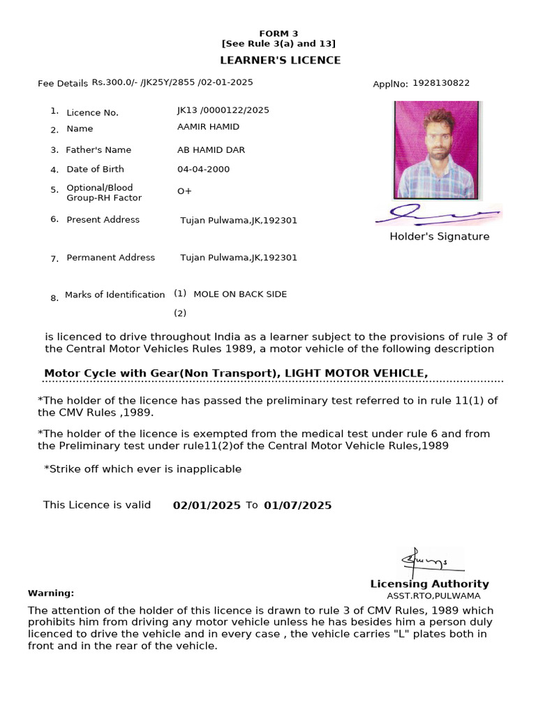 Learner's Licence Form India | PDF