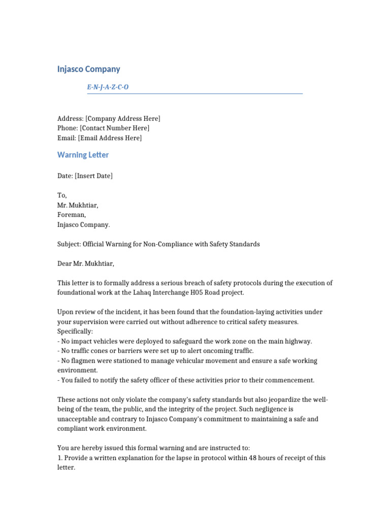 Injasco Safety Compliance Warning Letter | PDF