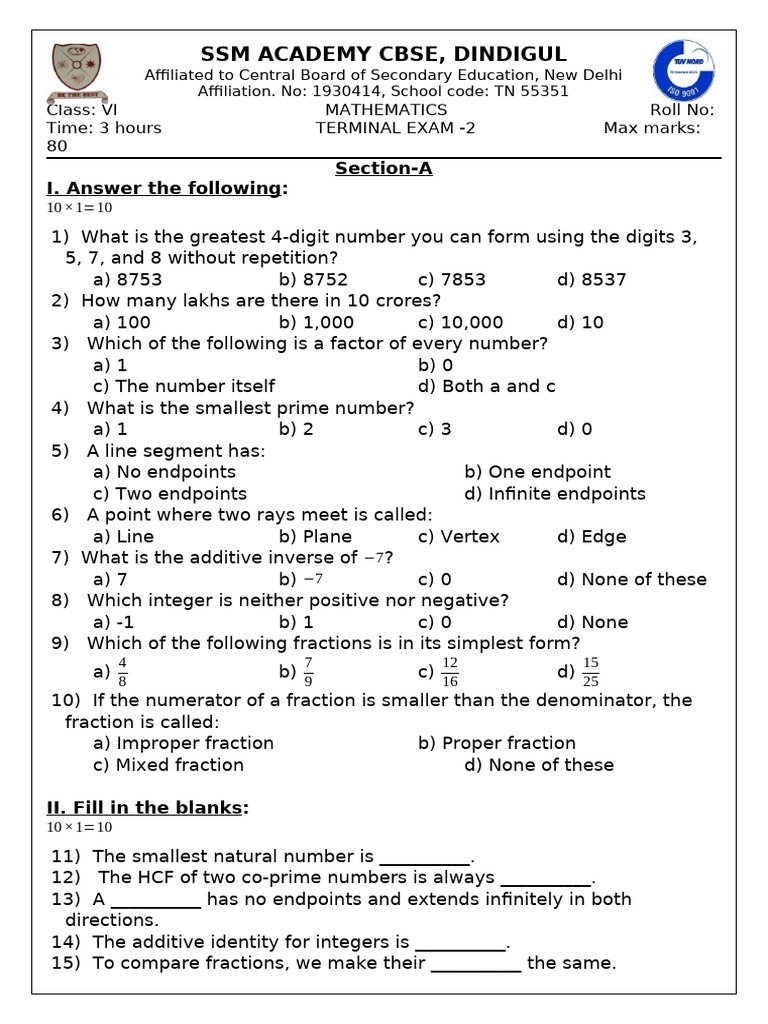 CBSE Class VI Mathematics Exam Paper | PDF | Numbers | Prime Number