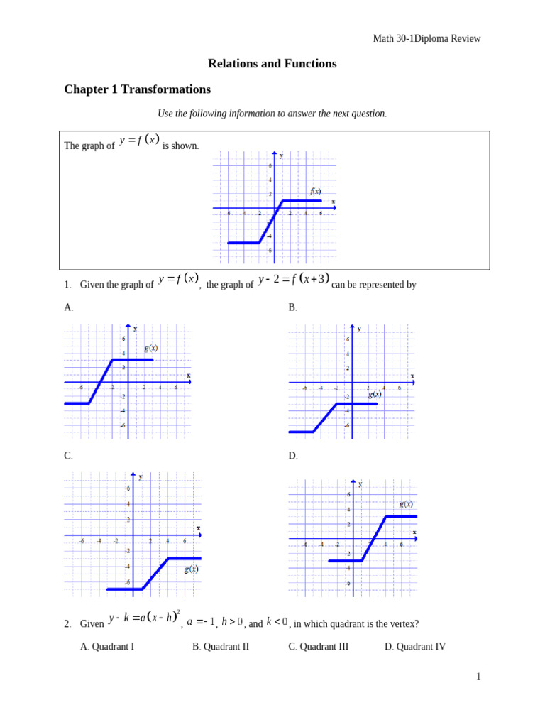 Math 30-1 Diploma Review: Transformations | PDF | Cartesian Coordinate ...