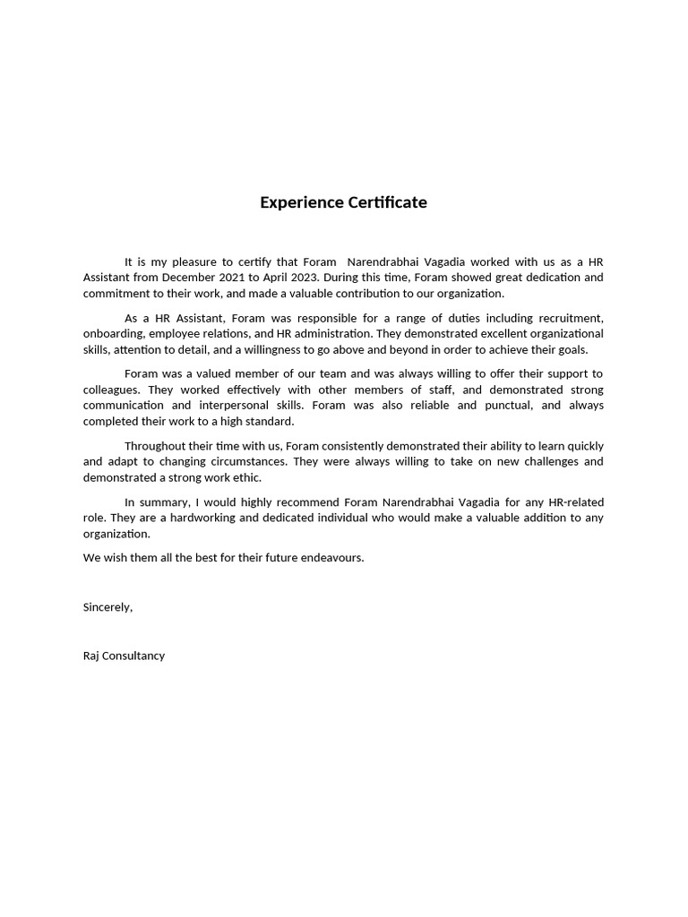 HR Assistant Experience Certificate | PDF