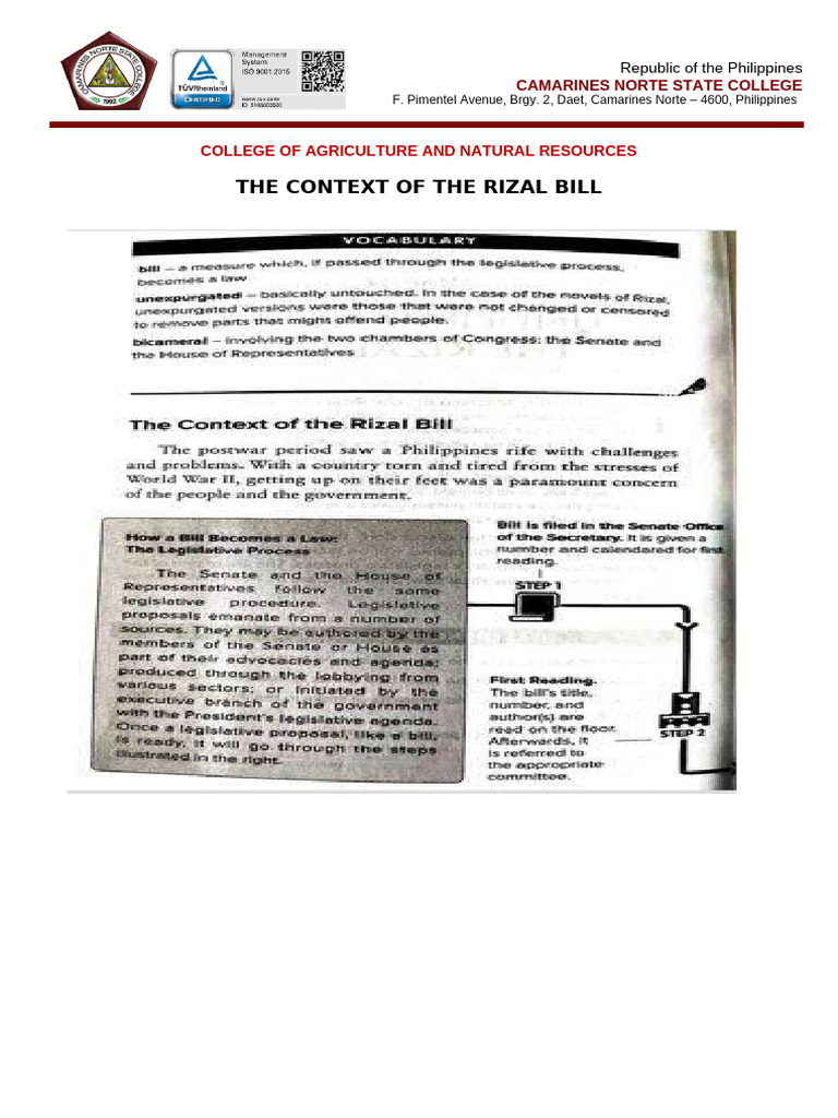 The Context of The Rizal Bill From Rizal Bill To Rizal Law | PDF