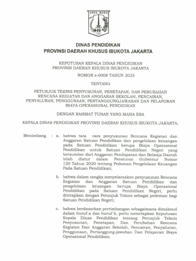 SK Kadisdik E-0008 Tahun 2025 Tentang Petunjuk Teknis Penyusunan, Penetapan, Dan Perubahan RKAS ...