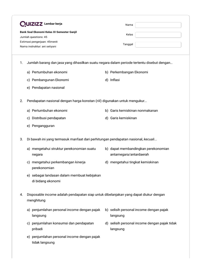 Bank Soal Ekonomi Kelas XI Semester Ganjil - Quizizz | PDF