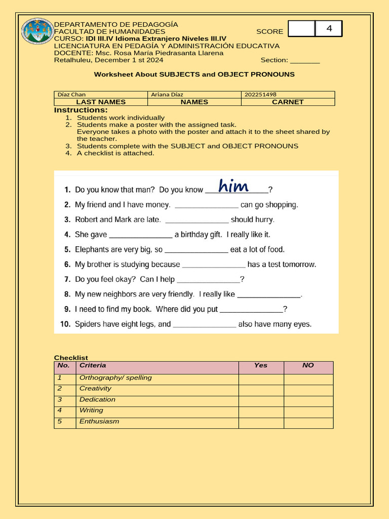Worksheet About SUBJECTS and OBJECT PRONOUNS | PDF