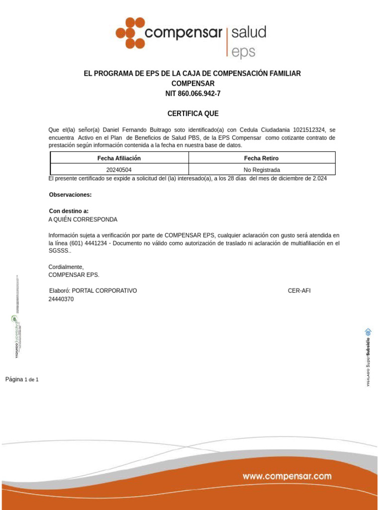 Certificado Compensar | PDF