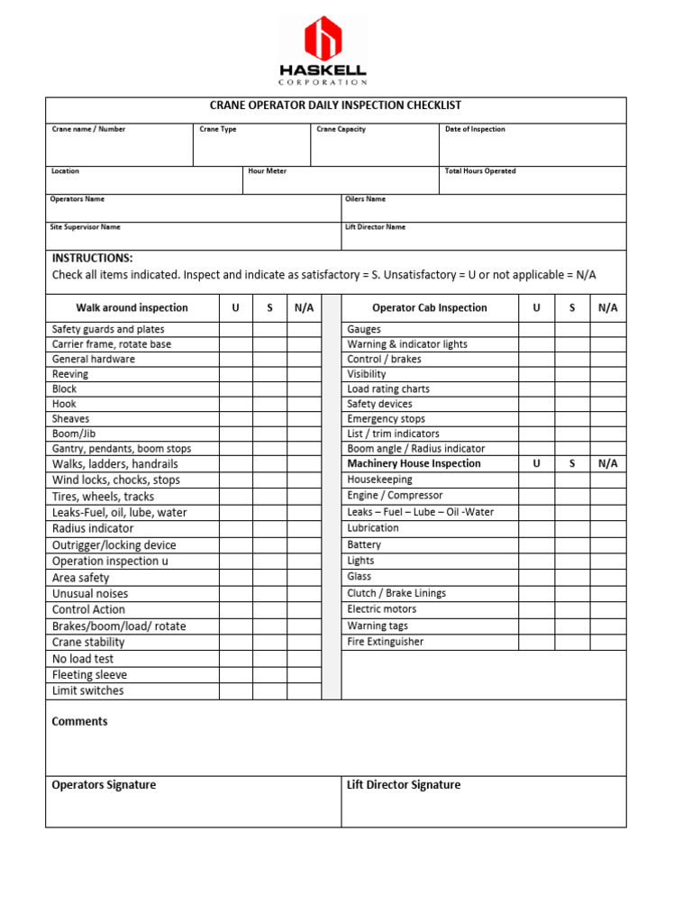 Crane Operator Daily Inspection | PDF | Crane (Machine) | Mechanical ...
