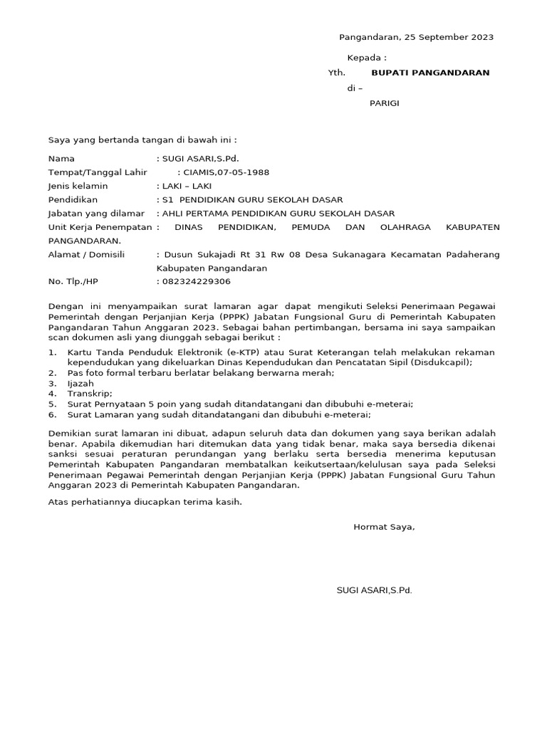 Format Surat Lamaran PPPK JF Guru 2023 - Pak Sugi | PDF