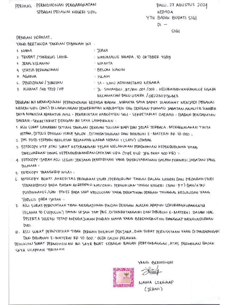 Surat Lamaran - Jerni | PDF