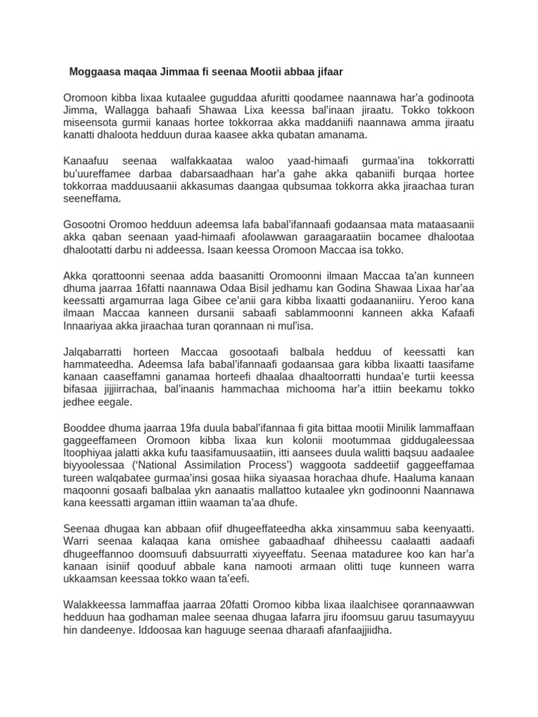 Moggaasa Maqaa Jimmaa Fi Seenaa Mootii Abbaa Jifaar | PDF