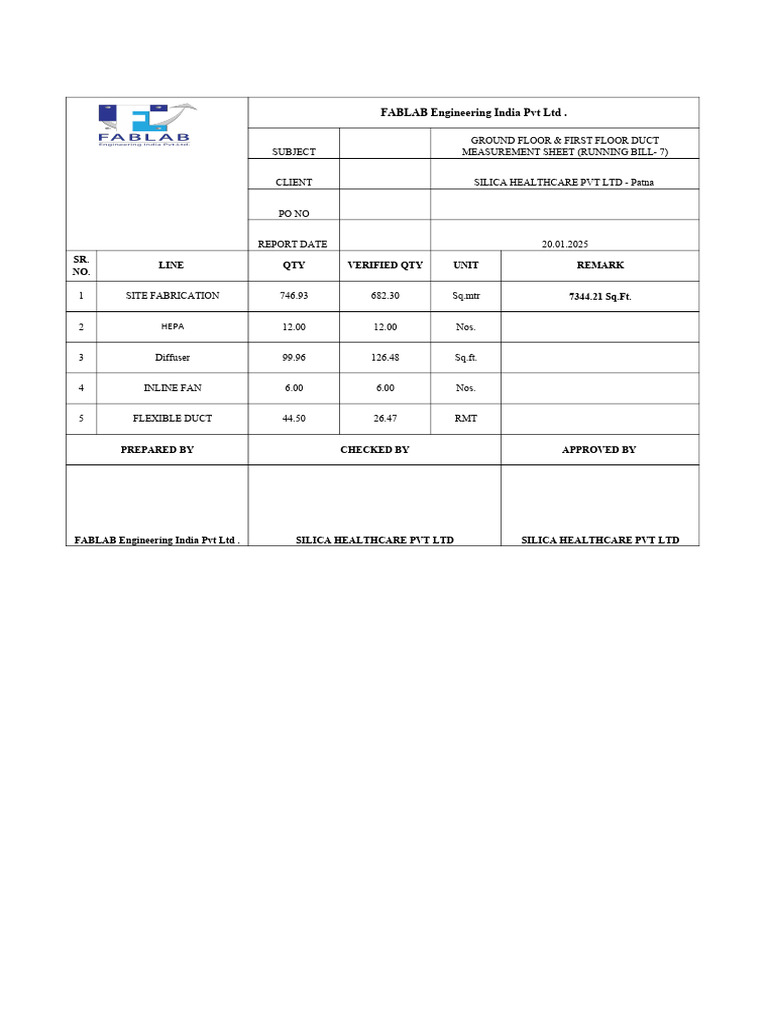 Ra Bill - 7 Duct Measurment Checked | PDF