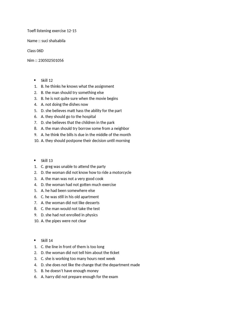 Toefl Exercise 12-15 (SUCI SHALSABILA) 06D | PDF