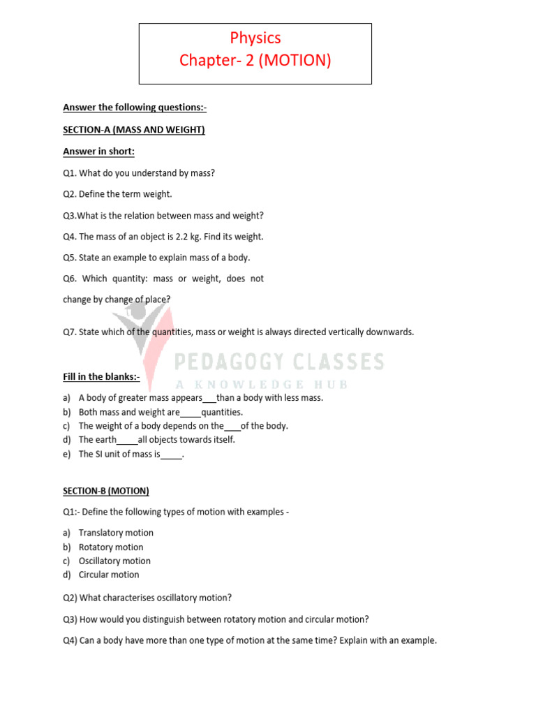 Class-7-Physics-Work-Sheet Chapter 2 | PDF | Weight | Mass