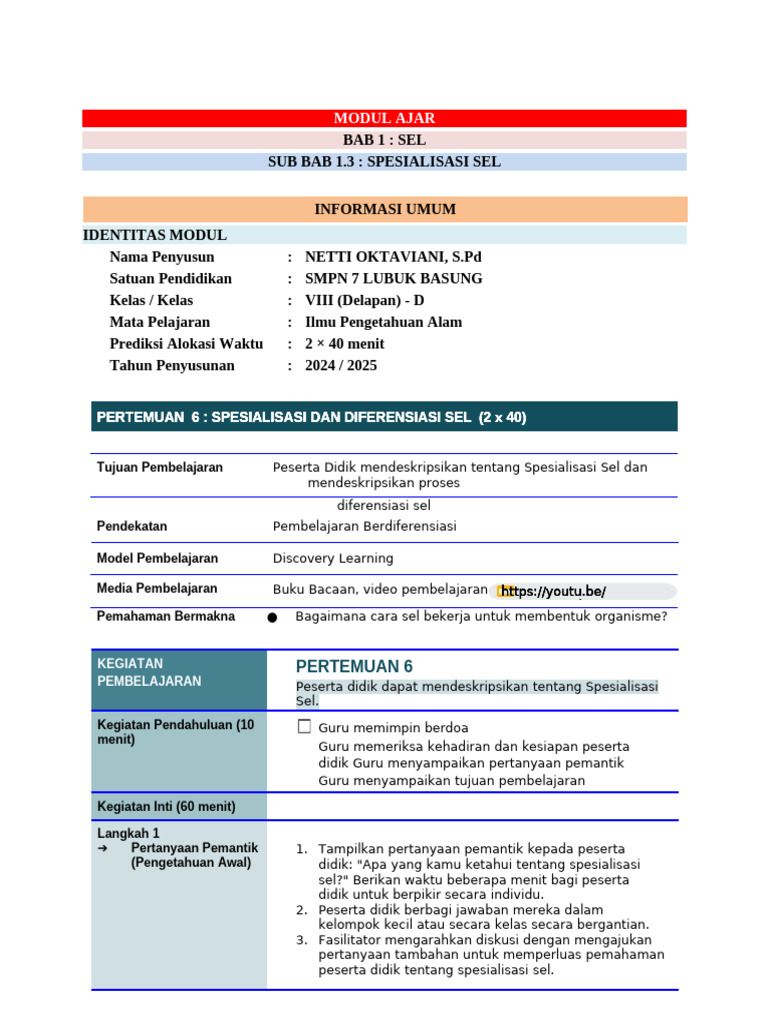 Spesialisasi dan Diferensiasi Sel | PDF