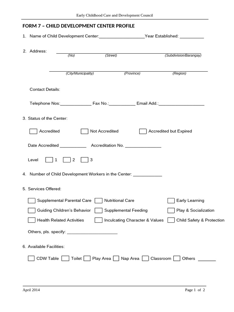 Child Development Center Profile Form | PDF | Childhood | Human Life Stages