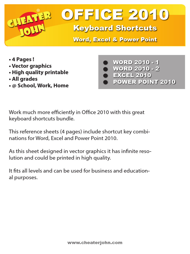 Cheater John Microsoft Office 2010 Keyboard Shortcuts Word Excel Power ...