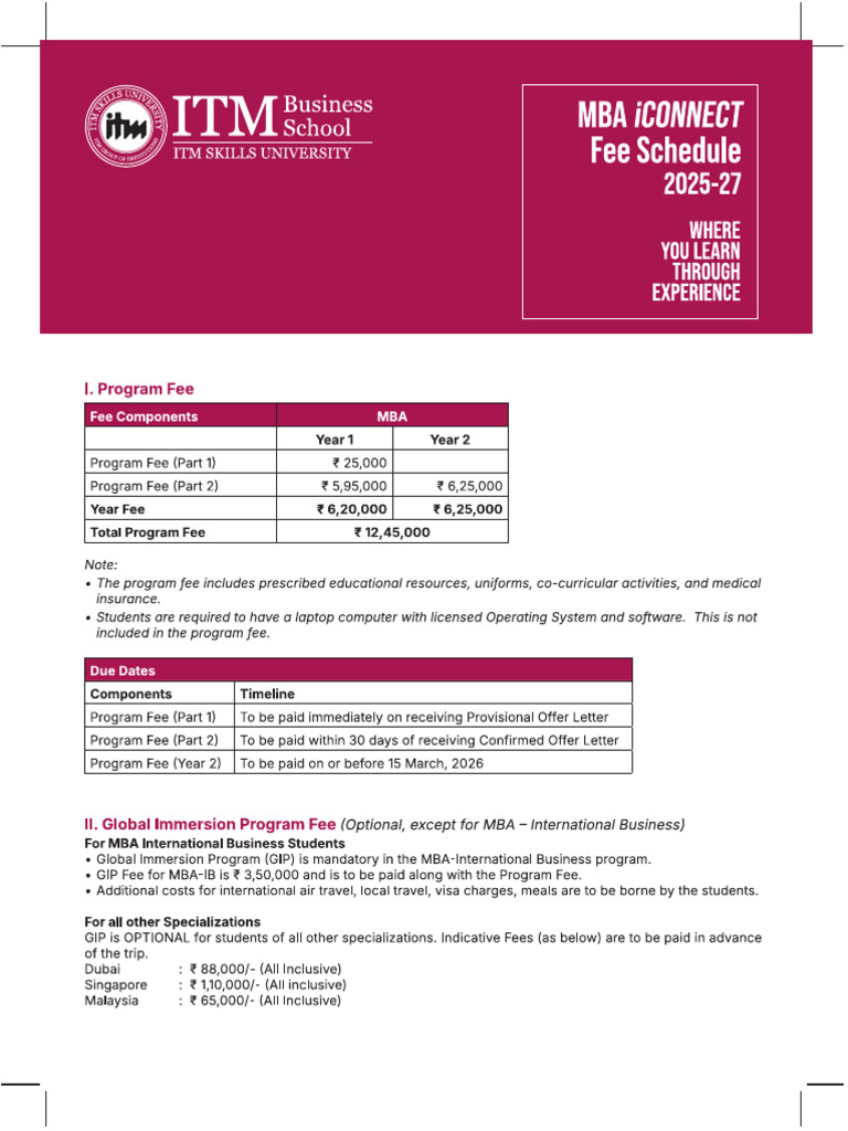 Itm Business School Mba Fees 2025-27 | PDF