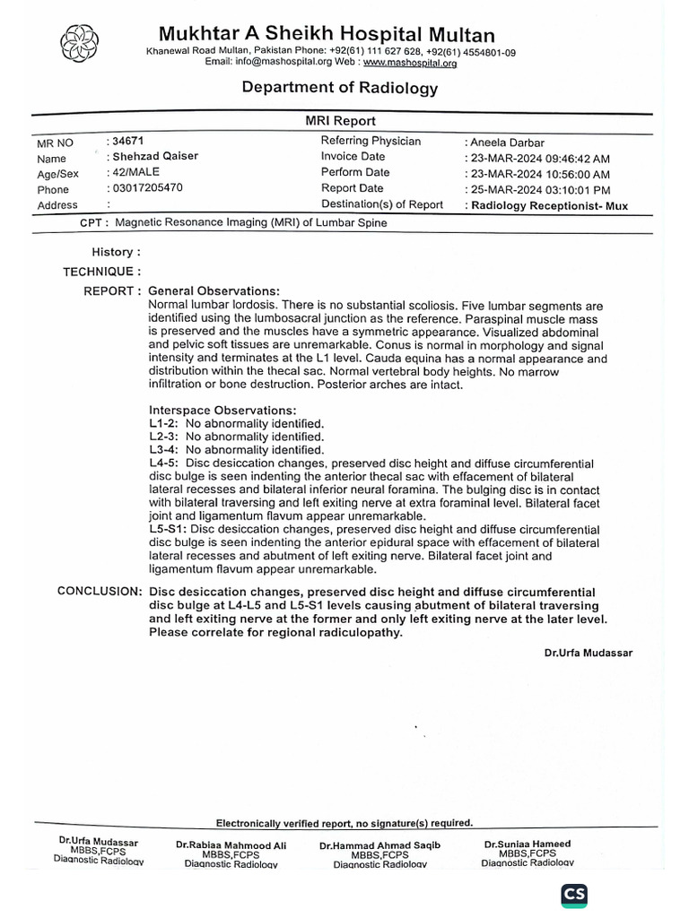 MRI Report, Shahzad Qaisar | PDF