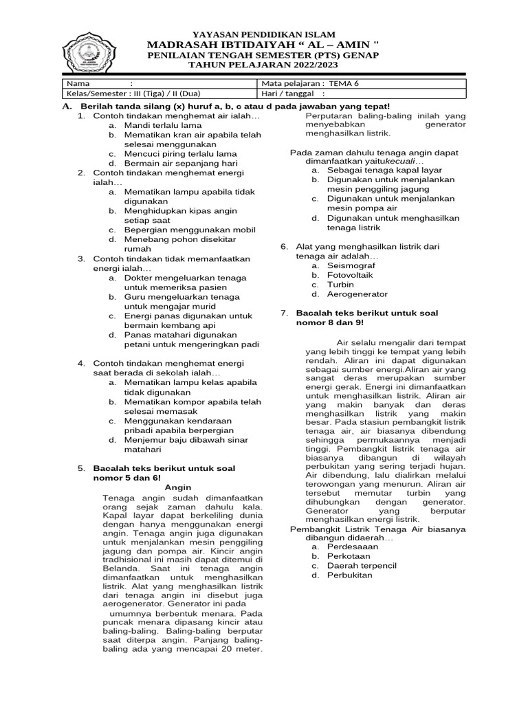 Soal PTS Genap TEMA 6 KELAS III | PDF