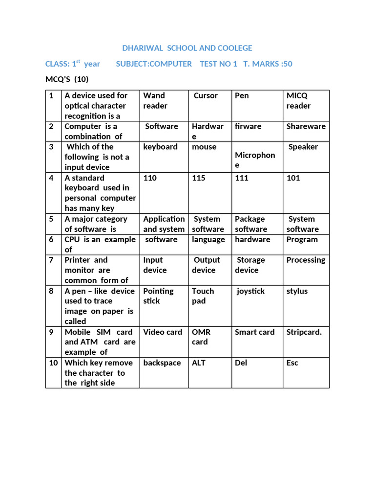 1st Year 1 Test | PDF
