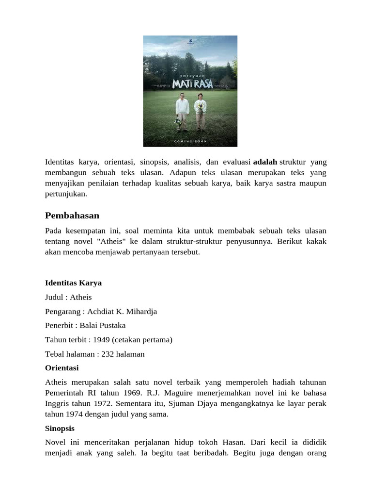 Identitas dan Sinopsis Novel Atheis | PDF