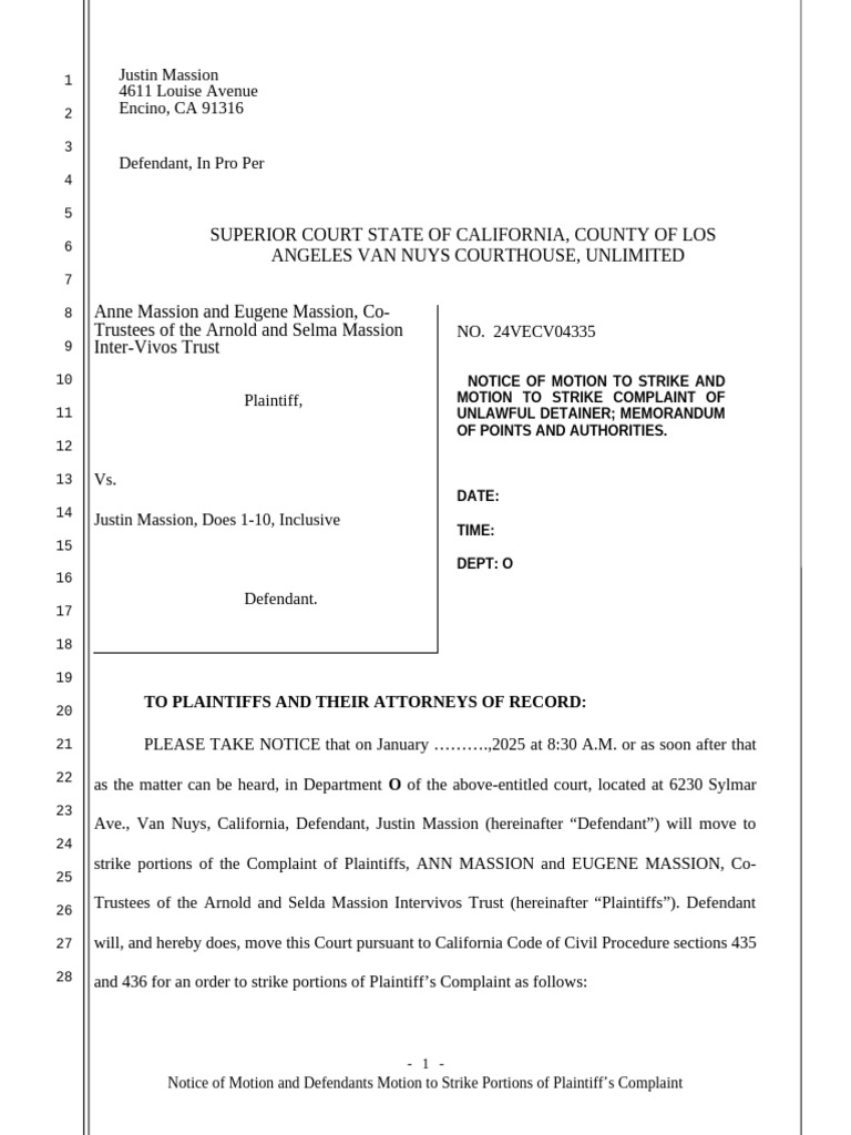 Justin Massion Motion To Strike For Unlawful Detainer Eviction in California | PDF | Pleading ...