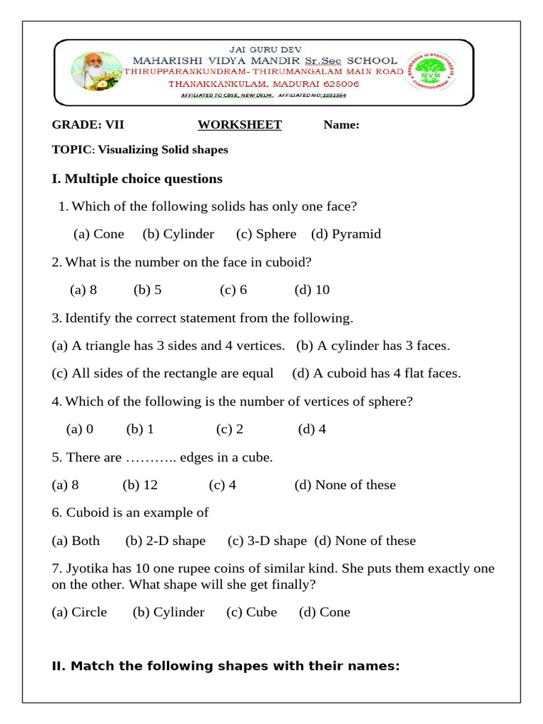 Solid Shapes Worksheet for Grade VII | PDF