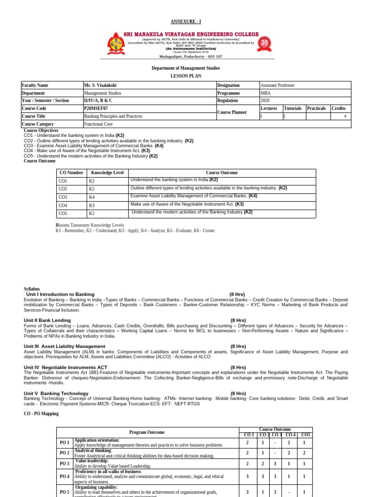 BPP course plan | PDF | Banks | Negotiable Instrument