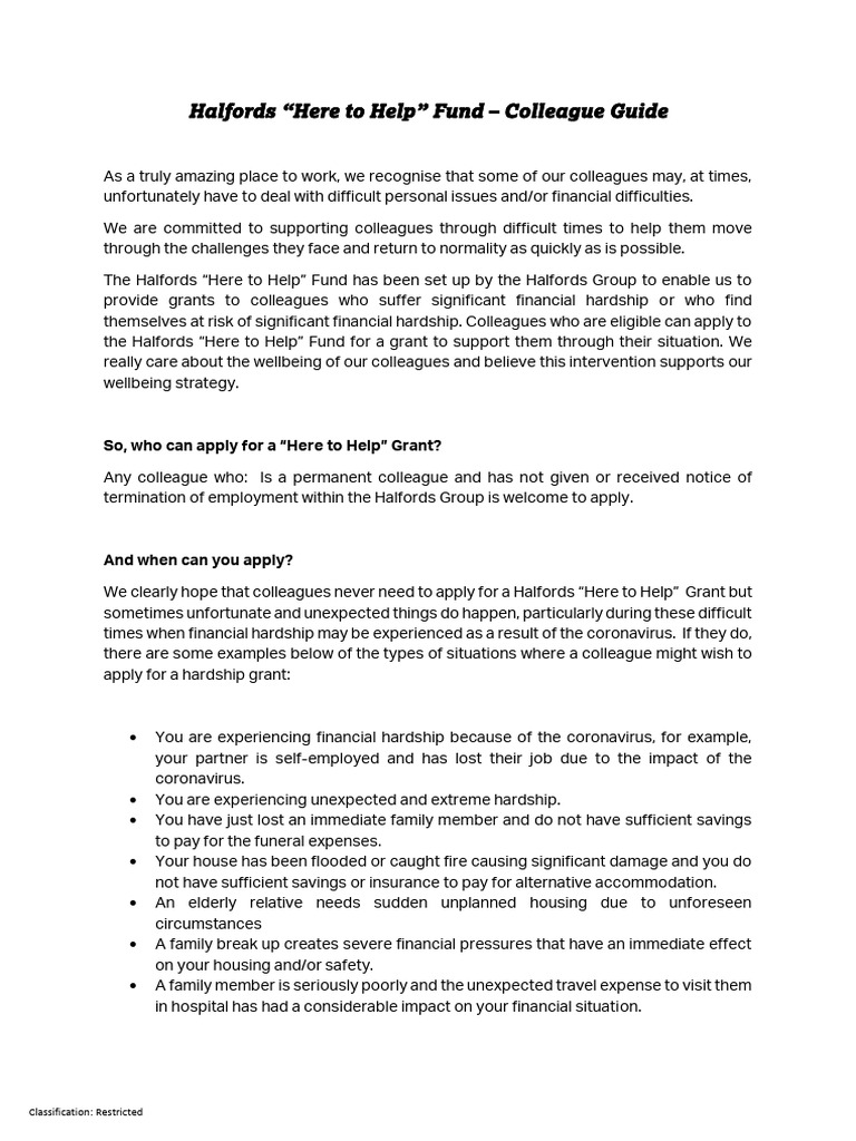 Halfords "Here To Help" Fund - Colleague Guide | PDF | Expense | Insurance