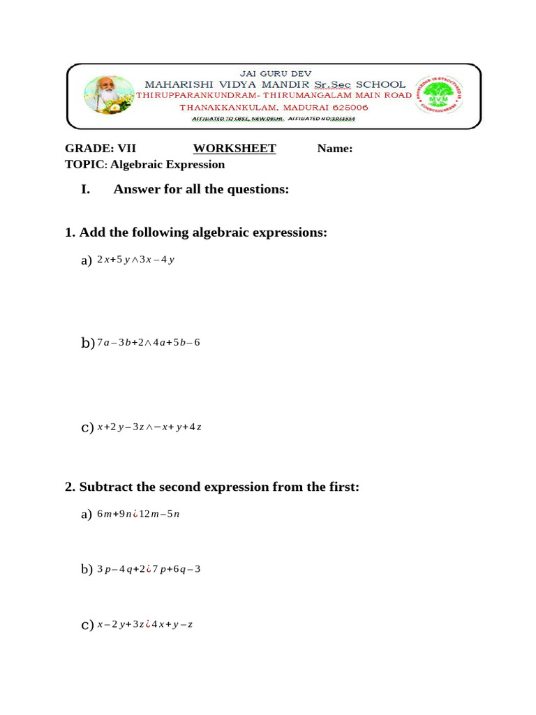 Algebraic Expressions Worksheet for Grade VII | PDF