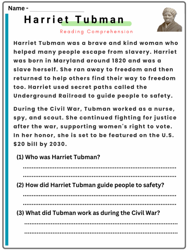 Harriet Tubman Reading Comprehension Activity (Grades 1 - 3) | PDF