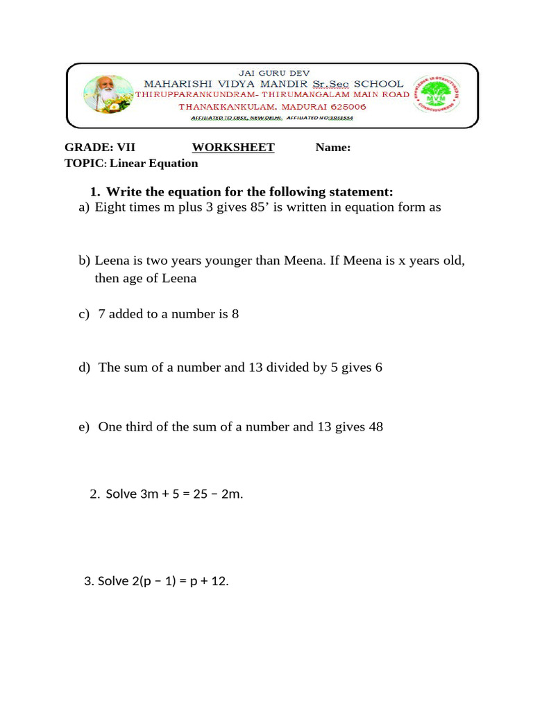 Linear Equations Worksheet for Grade VII | PDF