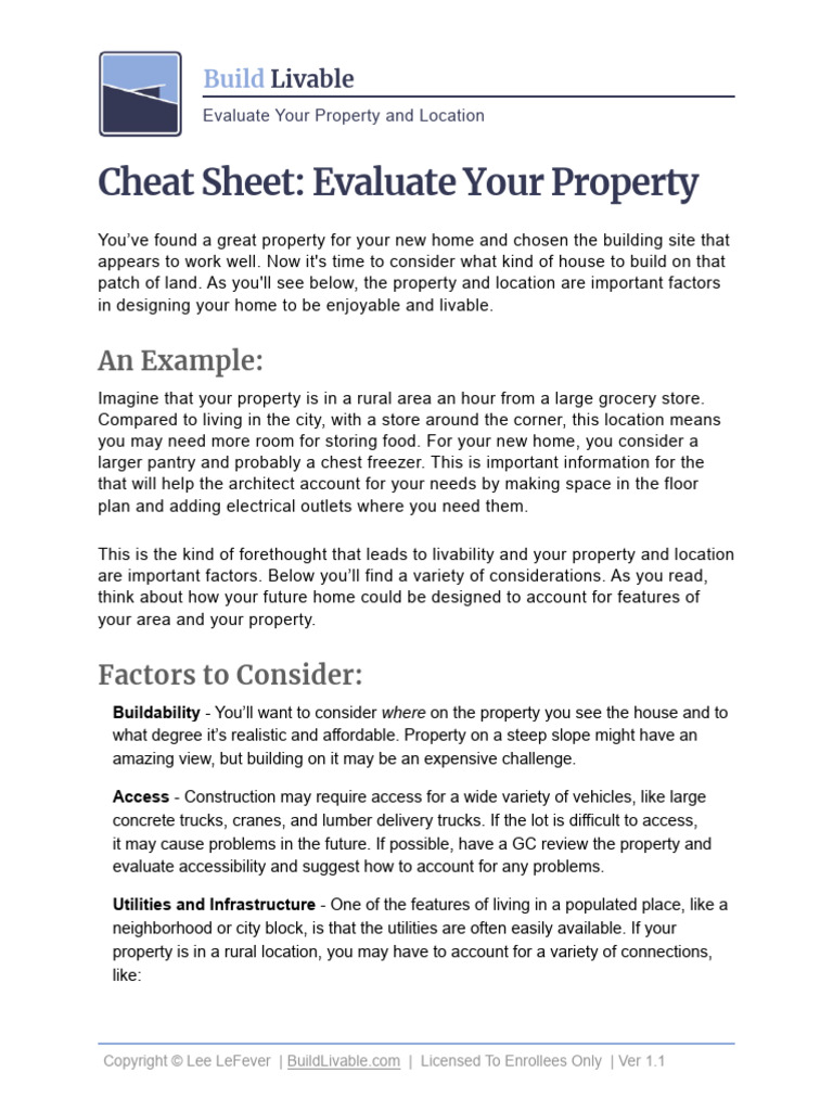 Cheat Sheet Evaluate Your Property Build Livable | PDF | Covenant (Law)