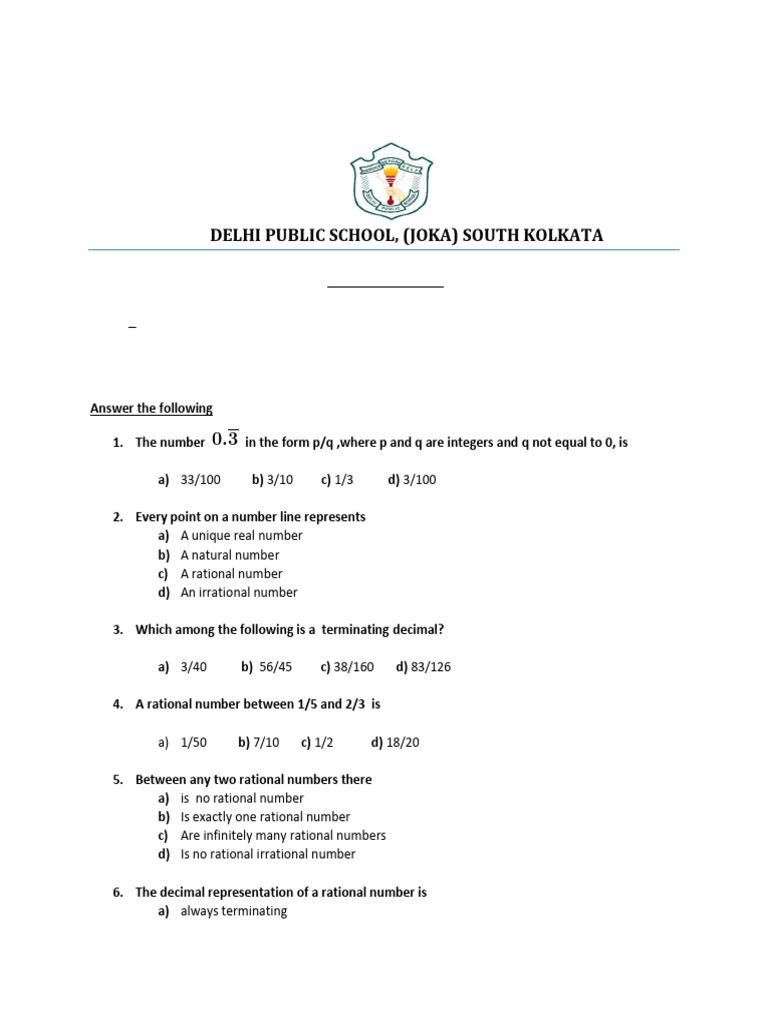 Worksheet Set - 1 Number System Class 9 (Mathematics) | PDF