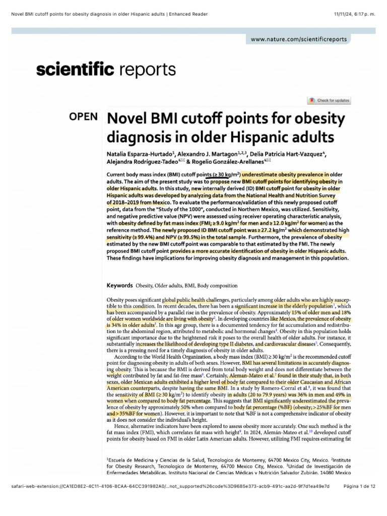 Novel BMI Cutoff Points For Obesity Diagnosis in Older Hispanic Adults ...
