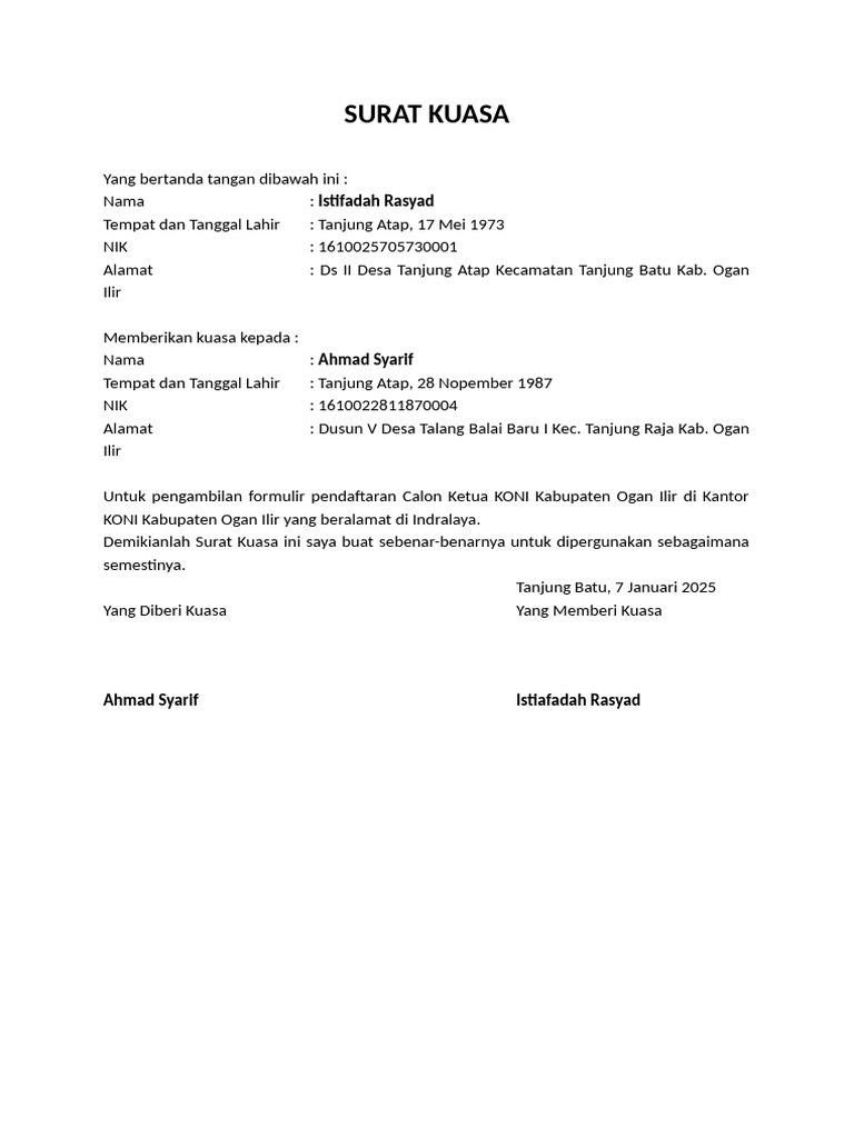 Surat Kuasa Pendaftaran Ketua KONI | PDF
