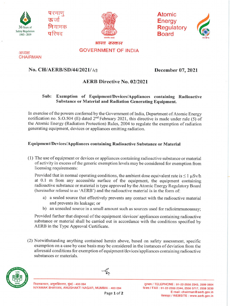 AERB Safety Directive 02 RGE Exemption FINAL | PDF