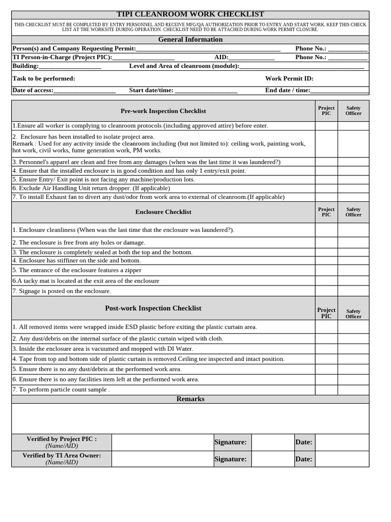 TIPI Cleanroom Checklist | PDF