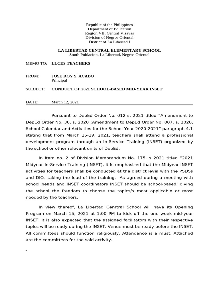 MEMo TO LLCES SCHOOL INSET 2021 | PDF | Public Administration | Government