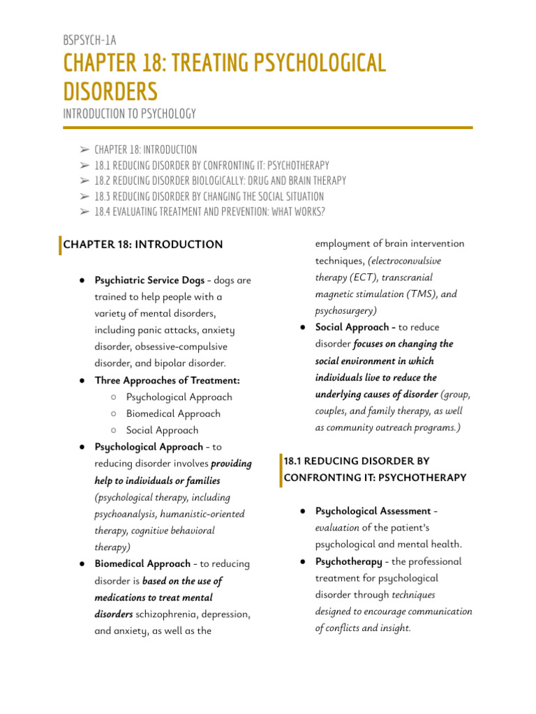 Chapter 18 - Treating Psychological Disorders Reviewer | PDF | Psychotherapy | Mental Disorder
