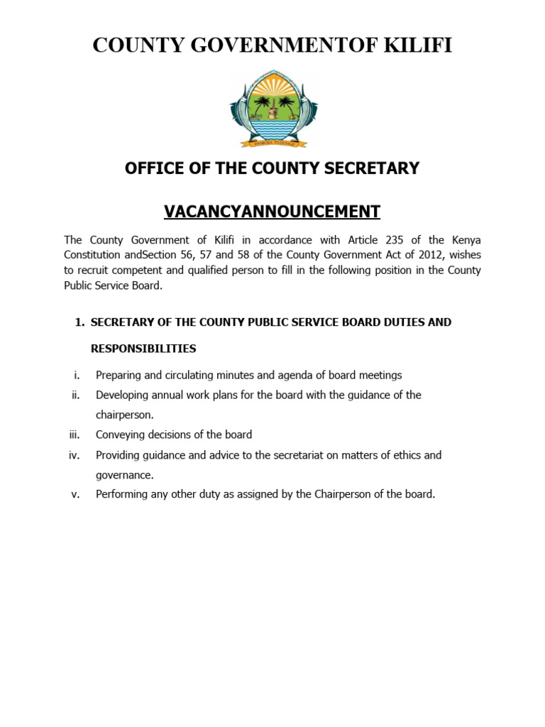 Secretary of The County Public Service Board Duties and ...