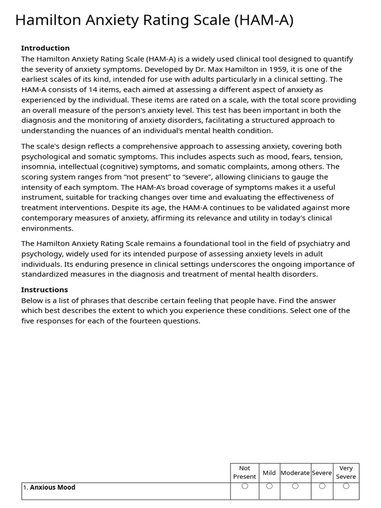 Hamilton Anxiety Rating Scale (HAM-A) | PDF | Anxiety | Mental Disorder