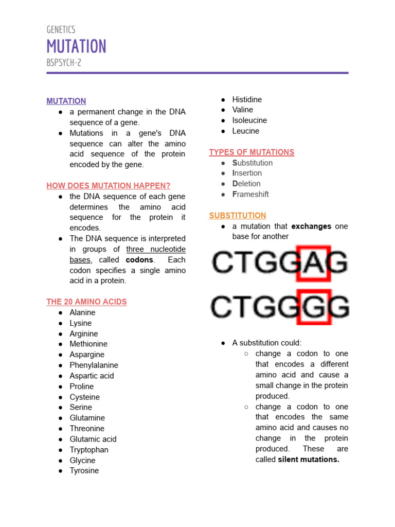 Genetics - Mutation | PDF | Genetic Code | Amino Acid