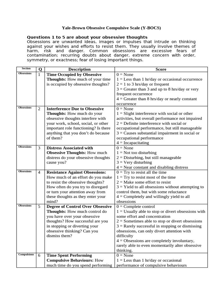 Yale-Brown Obsessive Compulsive Scale (Y-BOCS) | PDF | Obsessive ...
