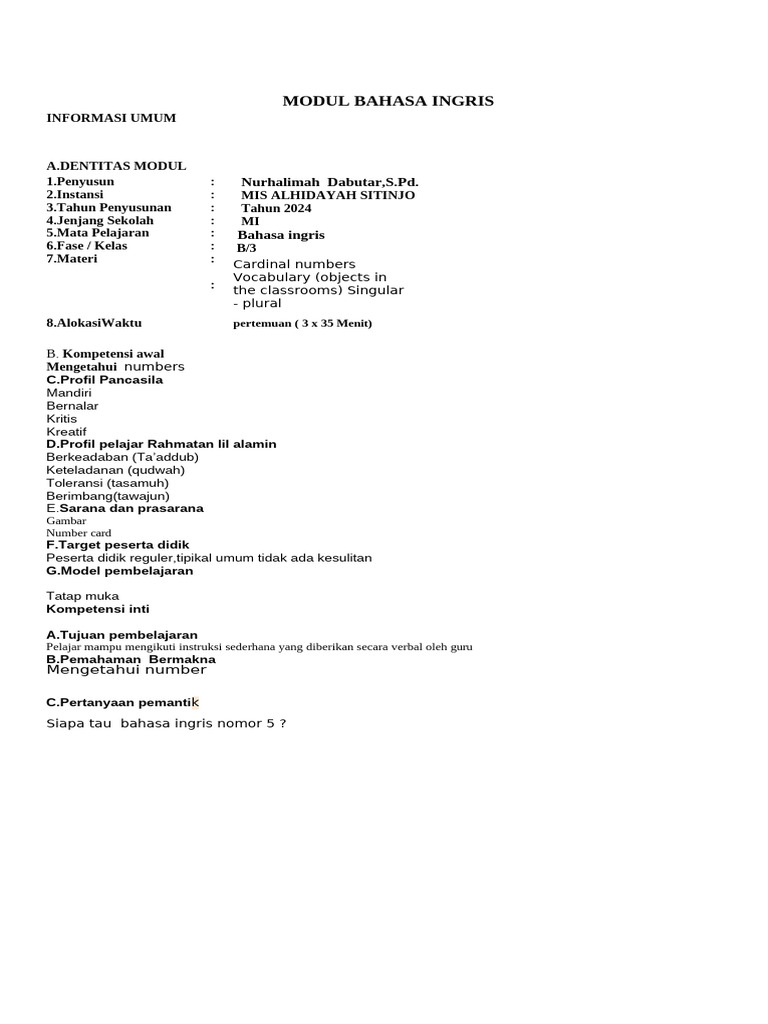 3 Modul Ajar - ING - Rita - SD Kelas 3-1 | PDF