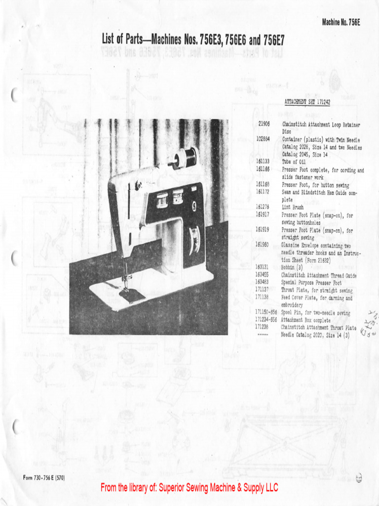 756 List of Parts Diagram Singer 756E3, 756E6, 756E7 | PDF | Sewing ...