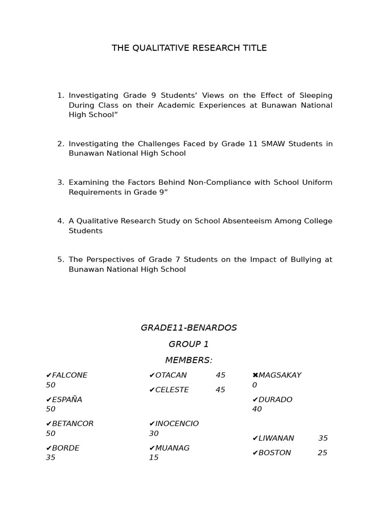 The Qualitative Research Title: Grade11-Benardos Group 1 Members | PDF
