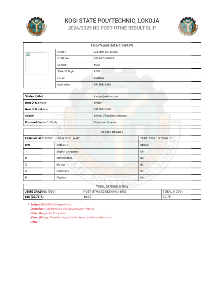 Kogi Poly 2024 Post-UTME Result | PDF