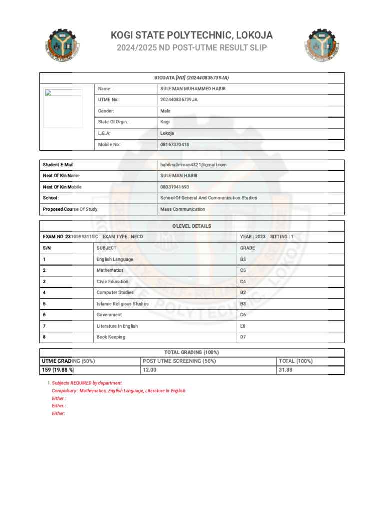 Slip - Utme - Kogi State Poly | PDF