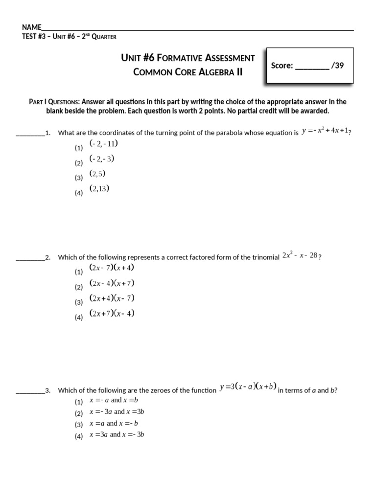 Test 3 Unit 6 2nd Quarter | PDF | Elementary Mathematics | Algebra